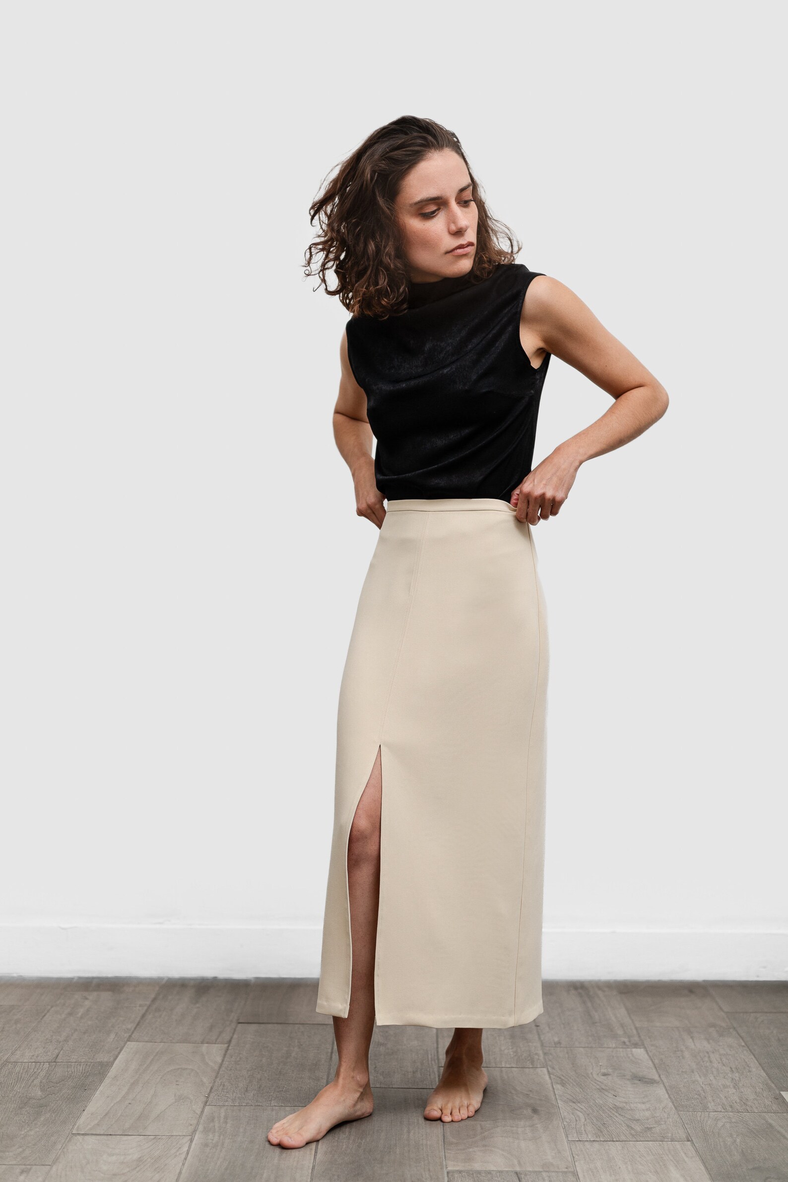 The Emma Pencil Skirt With Front Slit in Color Beige - Etsy