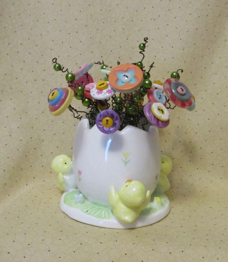 Button Bouquet, Ceramic Egg Vase With Baby Chicks, Easter, Home Decor ...
