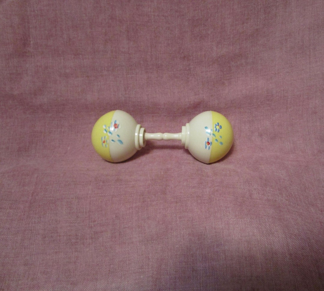 Vintage Baby Rattle, Yellow and White With Hand Painted Flowers, 4.5 ...