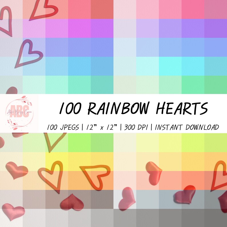 100 Rainbow Heart Border Digital Paper Pack Rainbow Pattern Digital ...