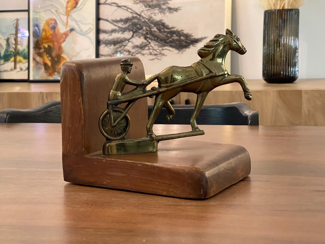 Vintage Cornwall Wood Products Jockey Horse Racing Bookend | Brass Mid ...