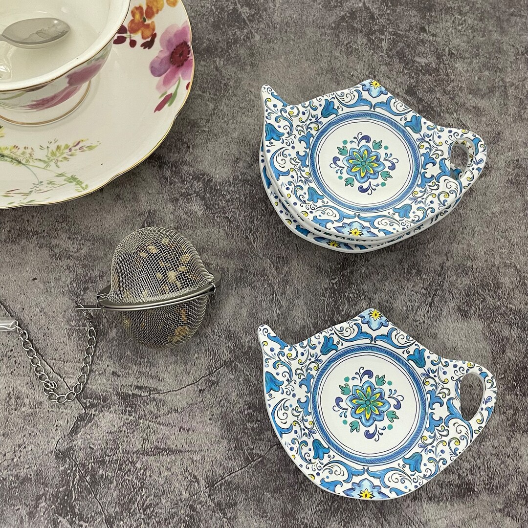 4pcs Tea Bag Holder, Hand Imprinted Blue Floral Design Teapot Shaped ...