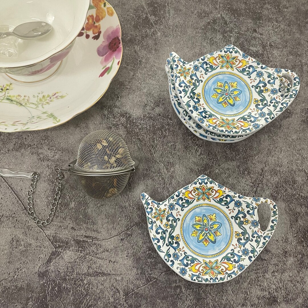 4pcs Tea Bag Holder, Hand Imprinted Chianti Flower Design Teapot Shaped ...