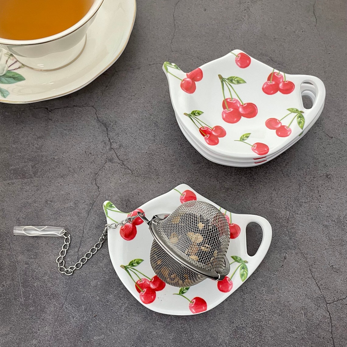 4pcs Tea Bag Holder, Hand Imprinted Cherry Design Teapot Shaped Tea Bag ...