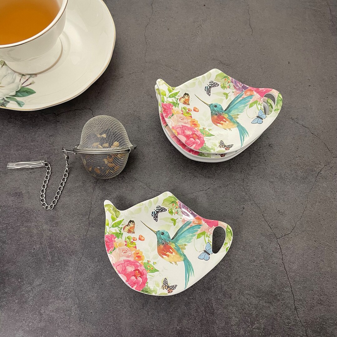 4pcs Tea Bag Holder, Hand Imprinted Rose Garden Design Teapot Shaped ...