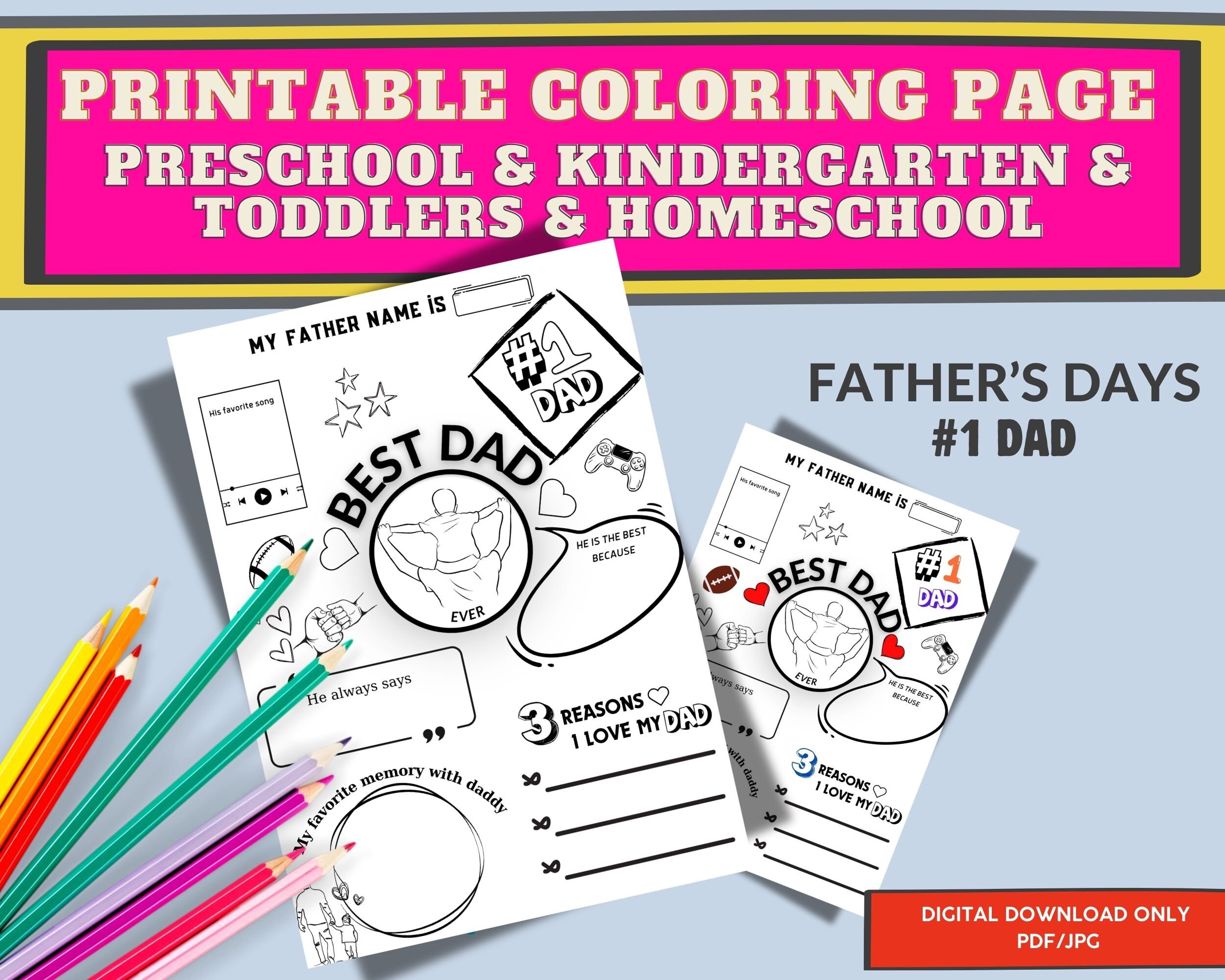 PRİNTABLE FATHER'S DAY Gift,coloring Page for Kindergarten Homeschool ...