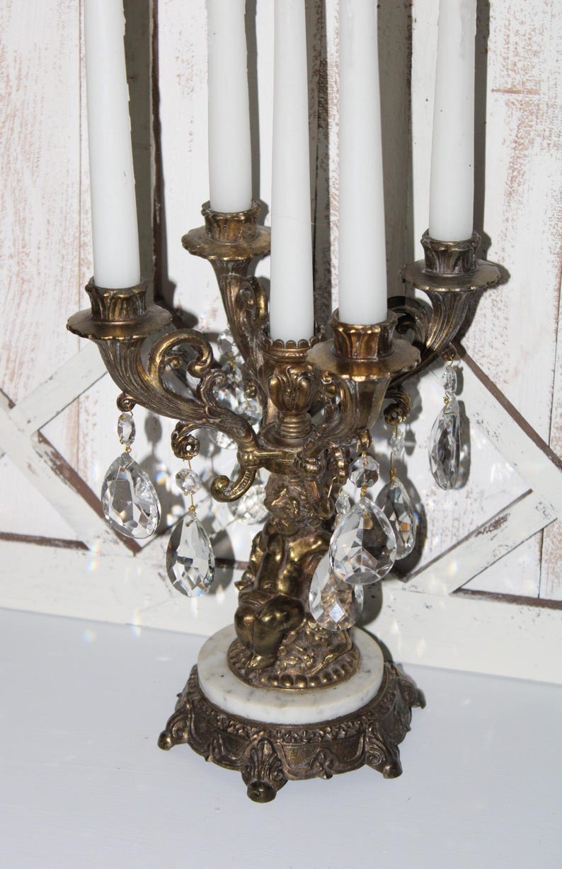 Antique Brass Cherub With Prisms and Brass/marble Five Arm Candelabra ...