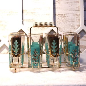 Vintage Mid Century 1960's Libbey Gold Aqua Leaf Bar Set ~ 8 Glasses ...
