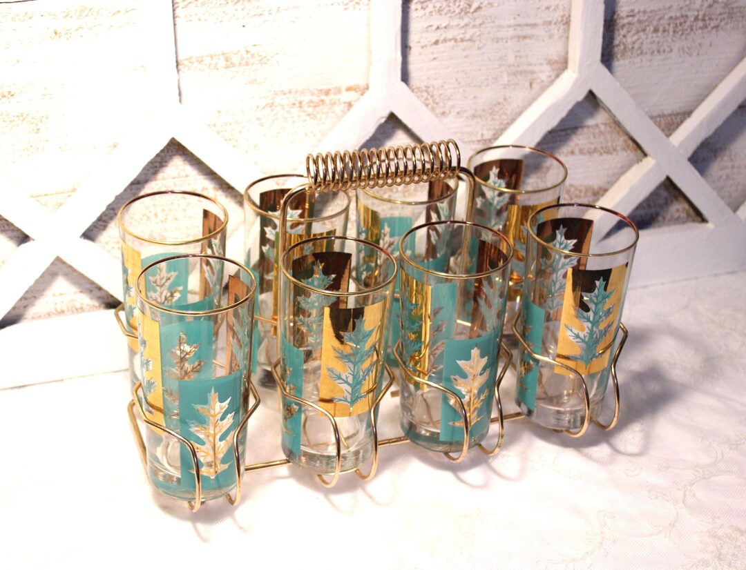 Vintage Mid Century 1960's Libbey Gold Aqua Leaf Bar Set ~ 8 Glasses ...