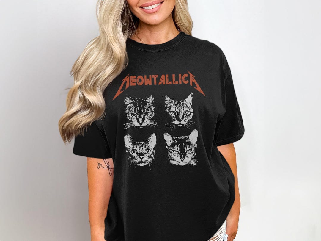 Parody Meowtallica Funny Cat Band T-shirt, Rock Music Cat Graphic Tee ...
