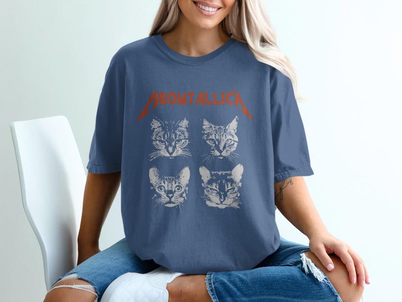 Parody Meowtallica Funny Cat Band T-shirt, Rock Music Cat Graphic Tee ...