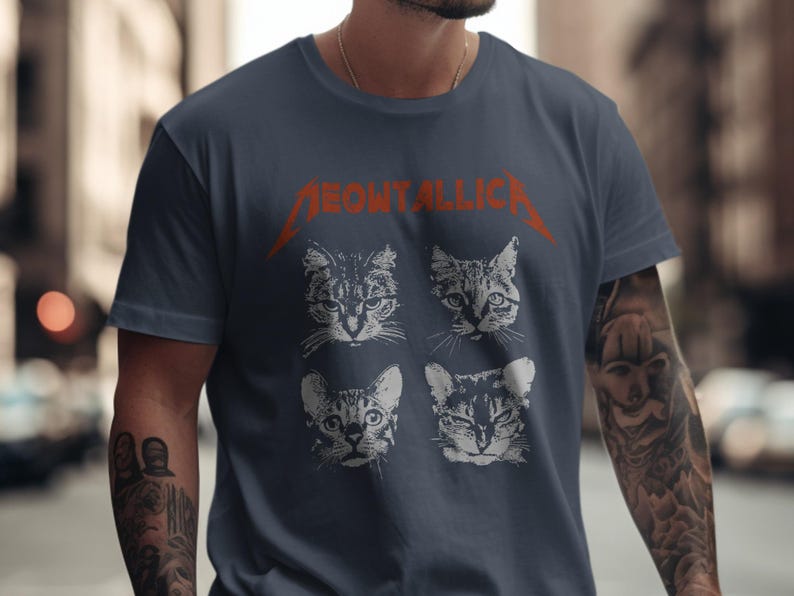 Parody Meowtallica Funny Cat Band T-shirt, Rock Music Cat Graphic Tee ...