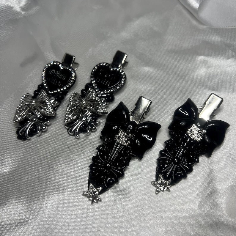 Custom JUNK HAIR CLIPS Freestyle Black Silver Bedazzled Bling ...