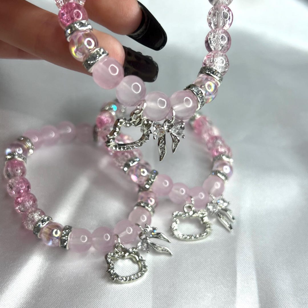 Pink Hello Kitty Bow Bedazzled Bling Bracelet || Handmade Glass Beaded ...