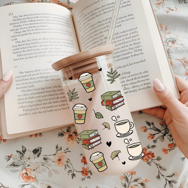 16 Oz Coffee Glass With Books and Coffee - Mug for Book Lovers, Gift ...