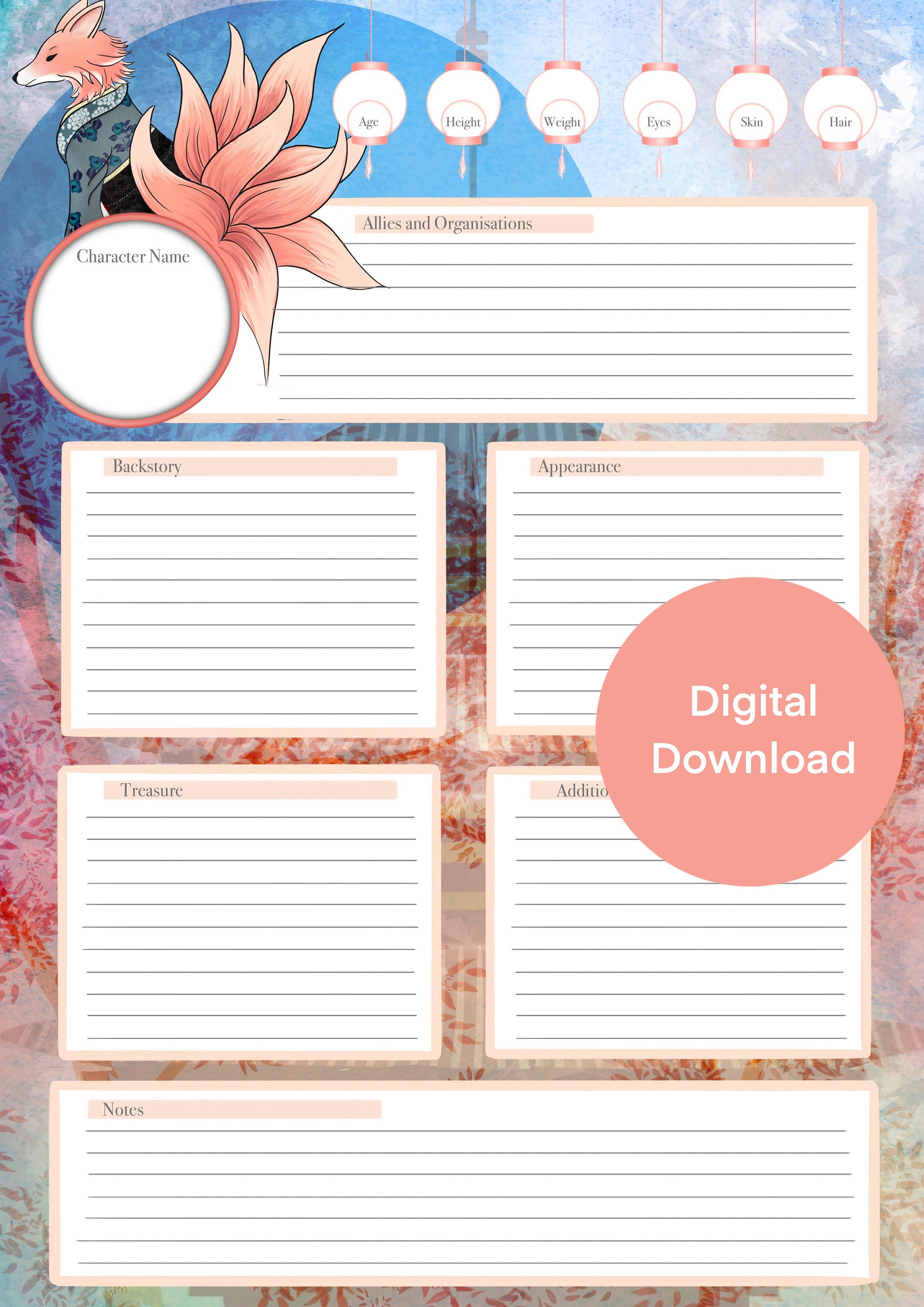 Dnd Character Sheet Nine Tailed Fox - Etsy Australia