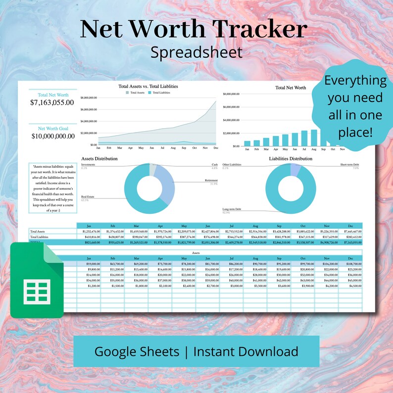 Net Worth Tracker Spreadsheet for Google Sheets in Blue, Assets and ...