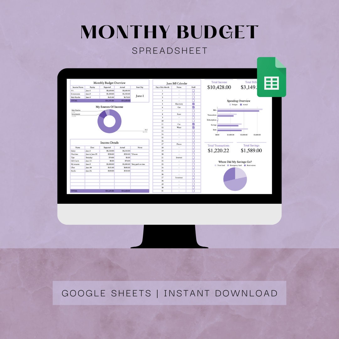 Monthly Budget Spreadsheet for Google Sheets in Purple Income - Etsy