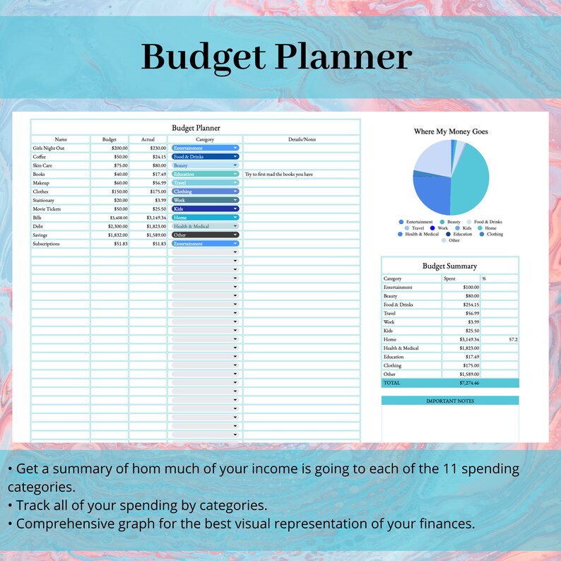 Annual Google Sheets Budget Spreadsheets in Blue, Financial Planner ...