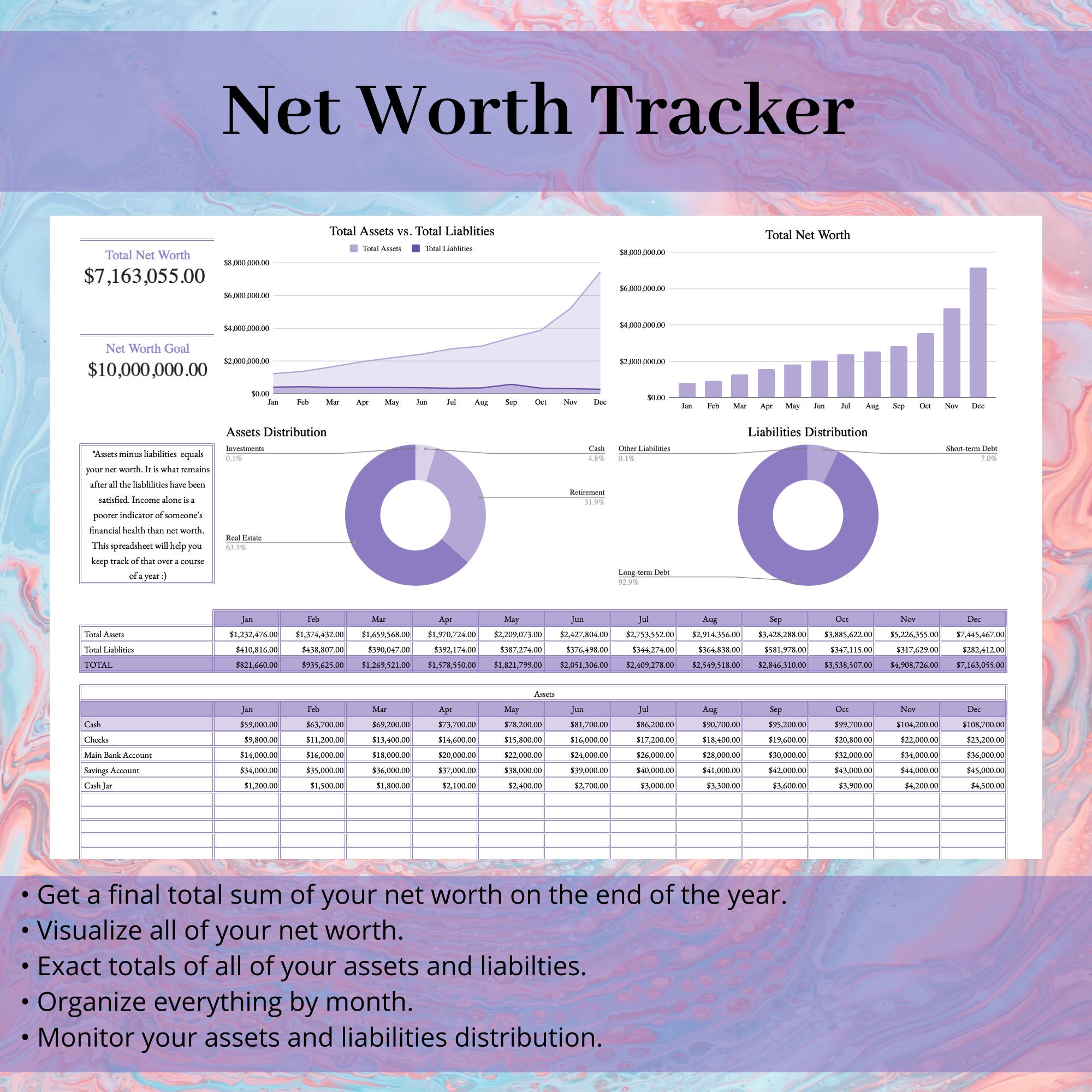 Net Worth Tracker Spreadsheet for Google Sheets in Purple, Assets and ...