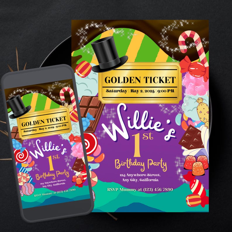 Wonka Party Invitation Template Canva Invite Printable Chocolate ...