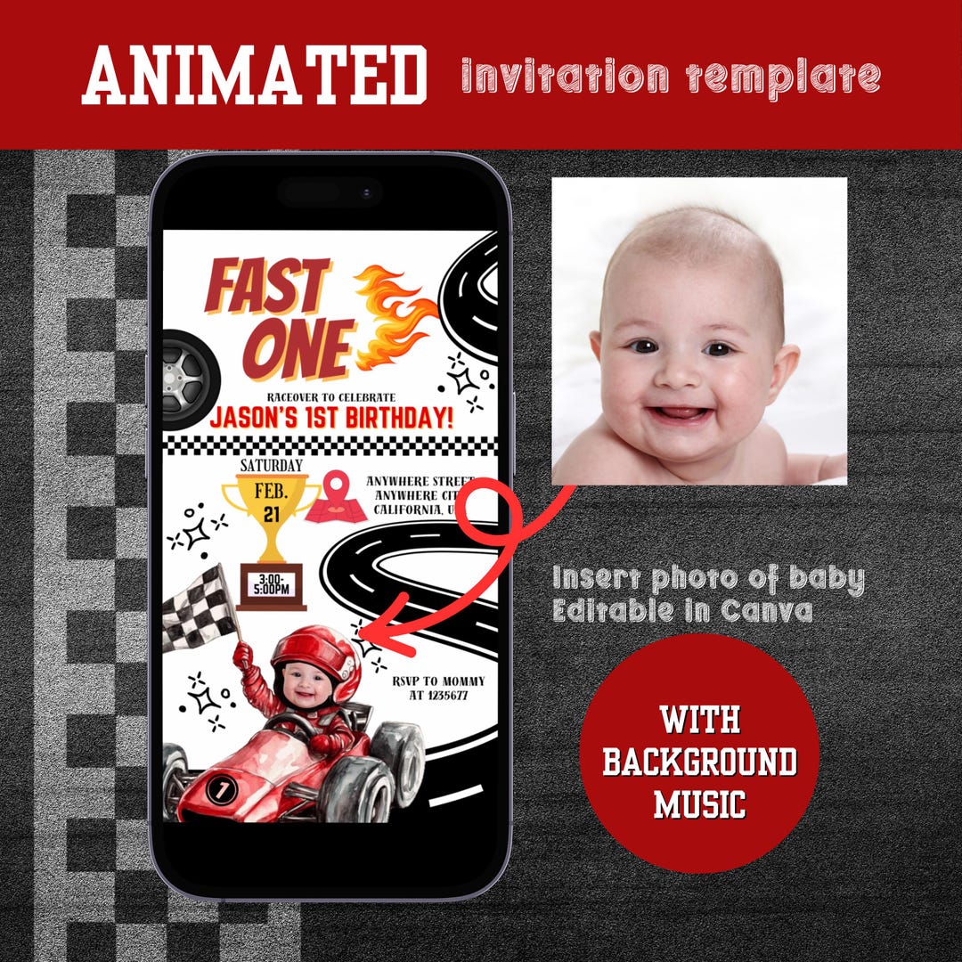 Fast One Birthday Invitation Template: Red Race Car, Photo (canva ...