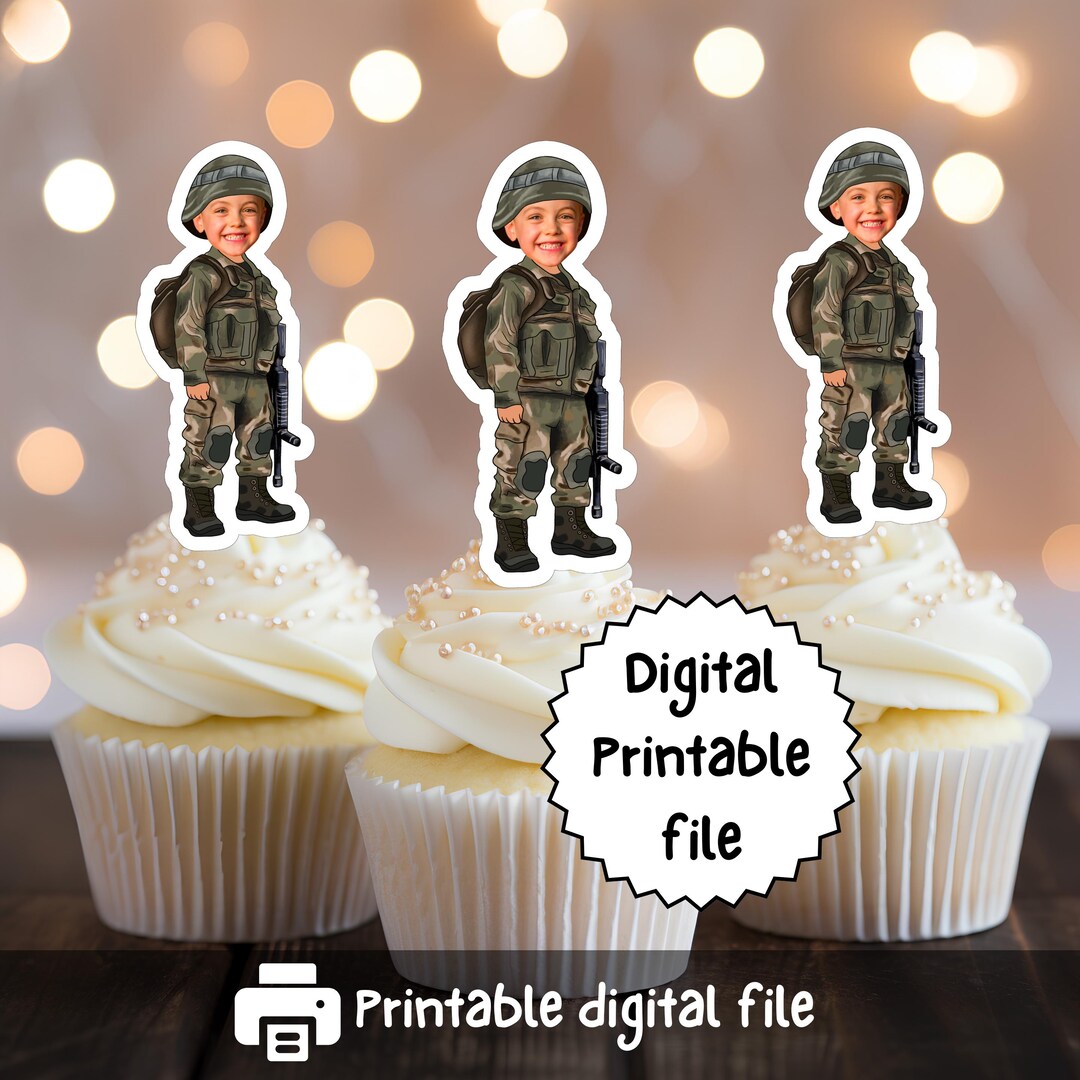 Soldier Theme Birthday Cupcake Face Toppers Military Graduation Decor ...