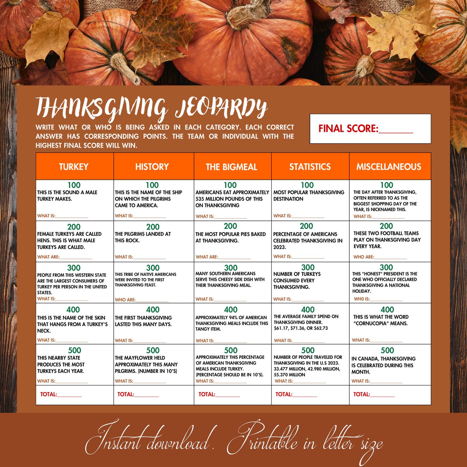 Thanksgiving Jeopardy Game Trivia Night Printable Questions Holiday ...