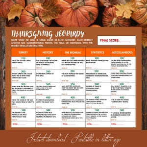 Thanksgiving Jeopardy Game Trivia Night | Printable Questions | Holiday ...