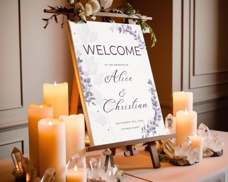 Elegant Lilac Wedding Welcome Sign Template: Printable Canva Invitation ...