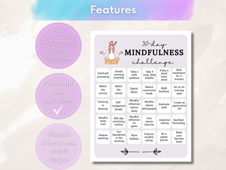 30-day Mindfulness Challenge Printable: Wellness Activity (PDF) - Etsy