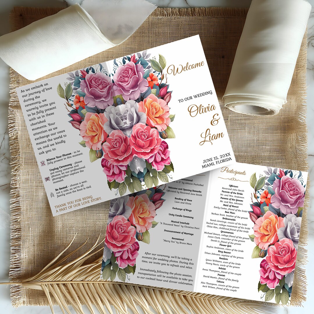 Elegant Floral Bifold Wedding Program With Detailed Flower in Rich ...