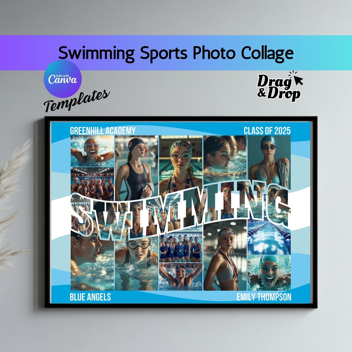 SWIMMING Collage Canva TEMPLATE Editable 21-photo Sports Team Poster ...