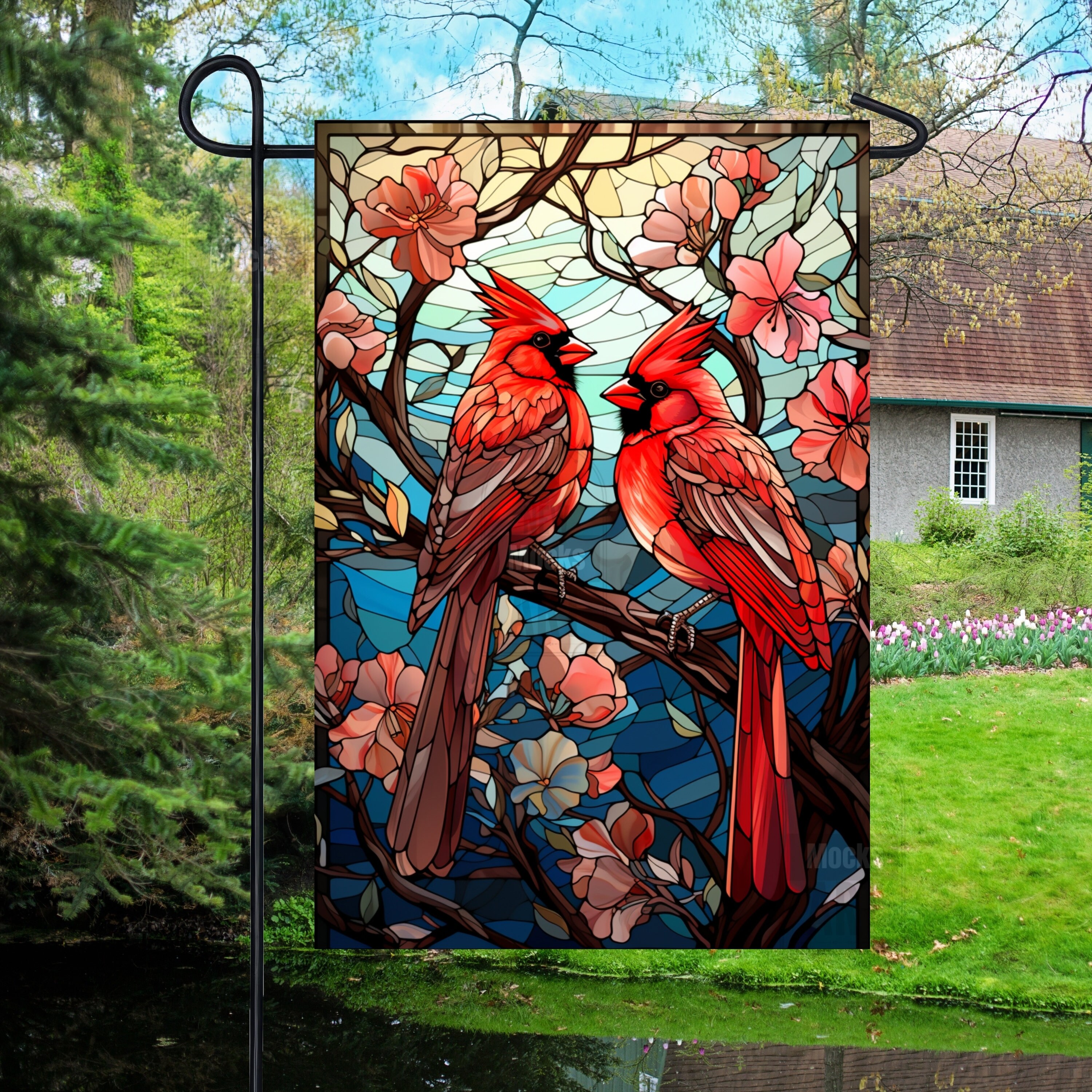 2 Cardinal PNG Garden Flag, Red Birds Cardinal Stained Glass PNG, 12x18 ...