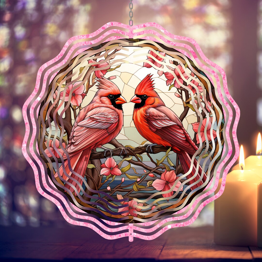 2 Red Bird Cardinal Wind Spinner PNG Stained Glass Cardinal Garden ...