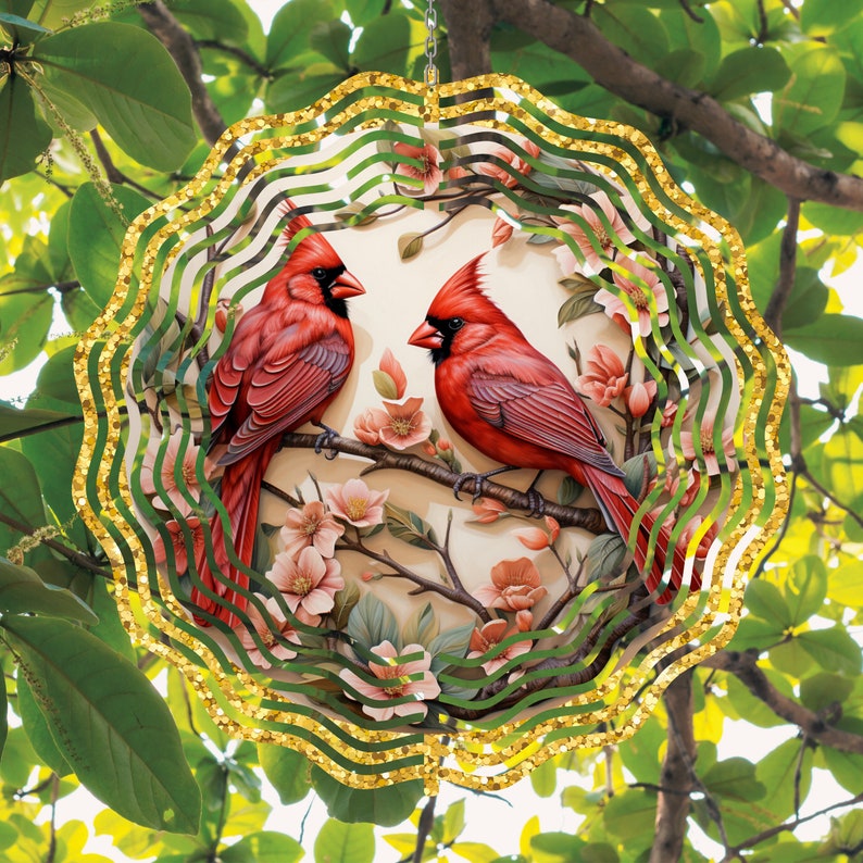 2 Cardinal Wind Spinner PNG Color Painted Red Cardinal Gold Glitter ...