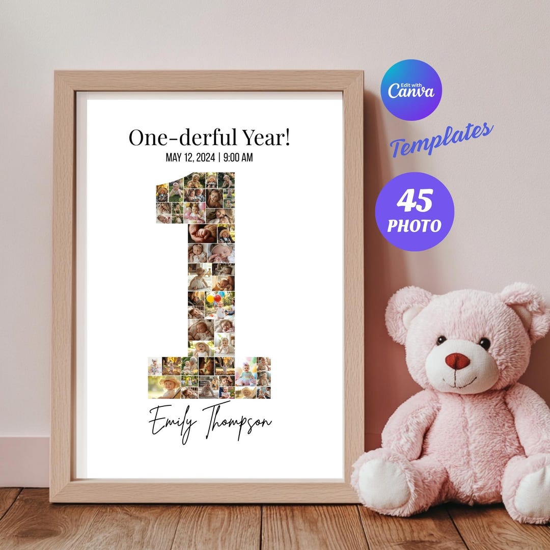 Birthday Number 1 Photo Collage Template Canva First Birthday Gift for ...