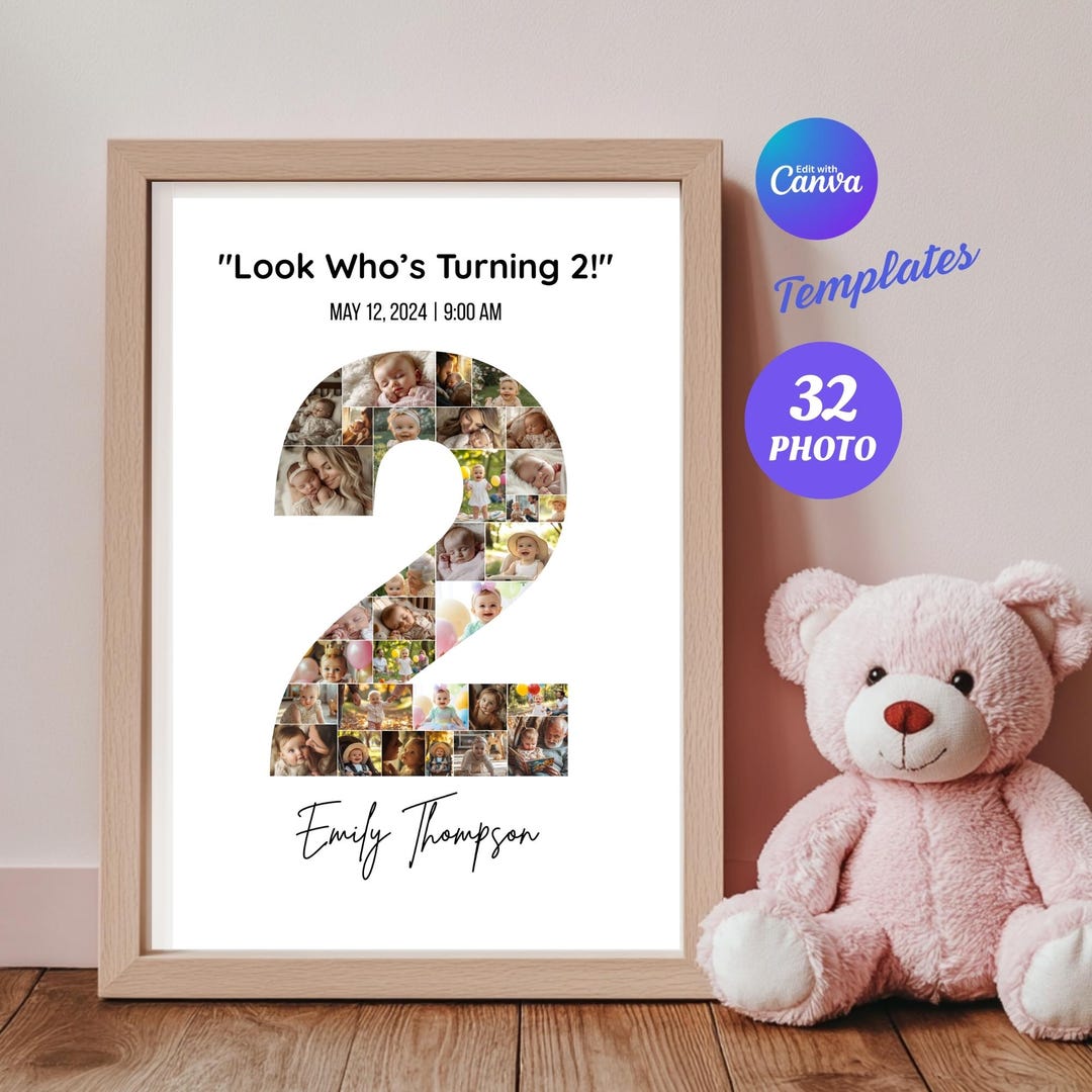 2nd Birthday Photo Collage Canva Template, Number 2 Picture Frame for ...