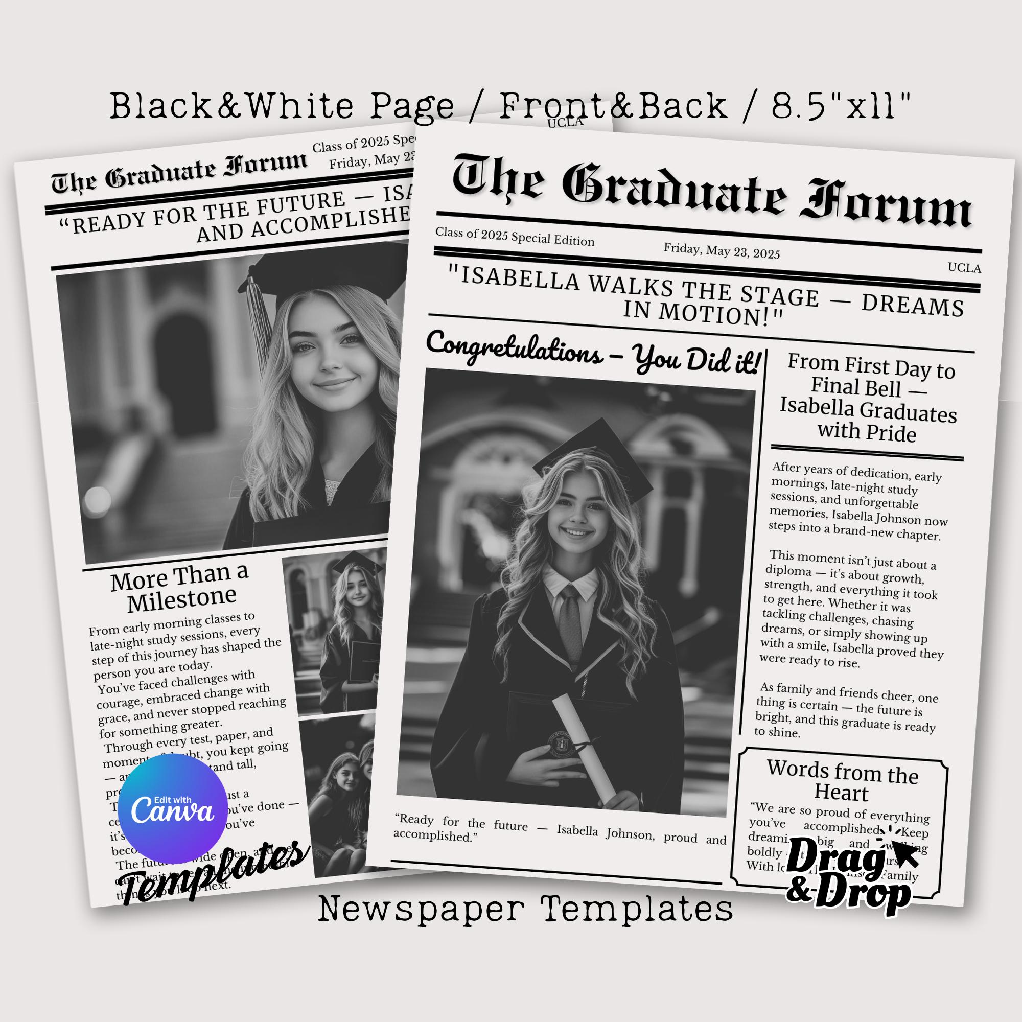 Graduation Newspaper Canva Template, Editable Graduation Gift for Her ...