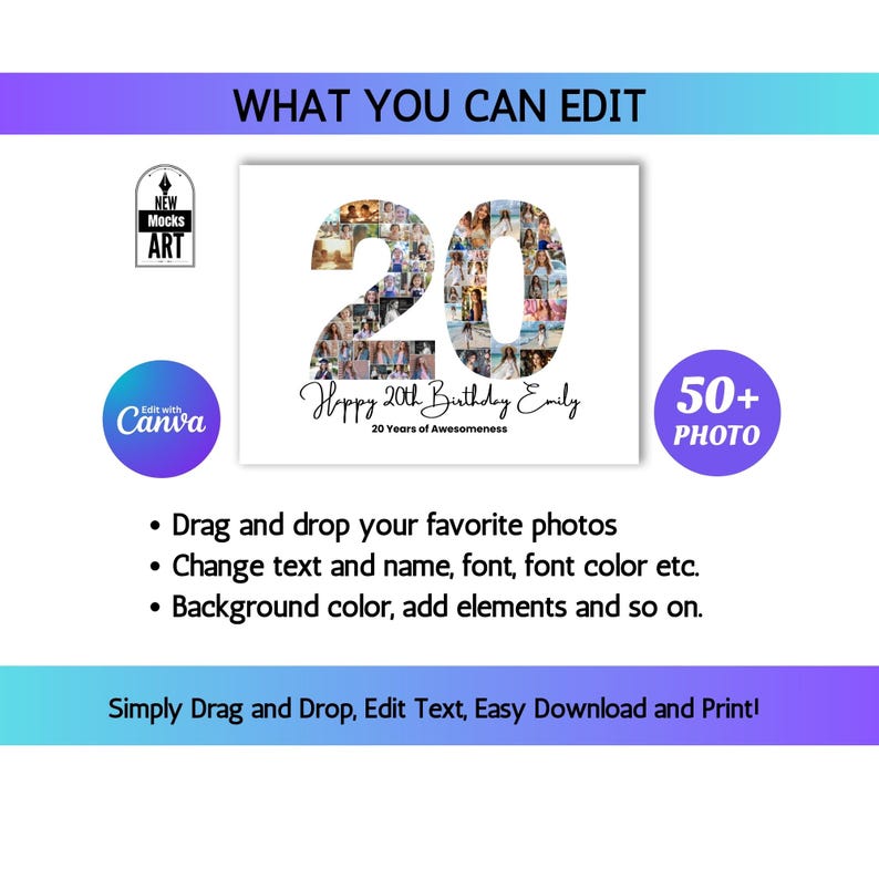 20th Birthday Photo Collage Template Personalized 20th Birthdays Gift ...