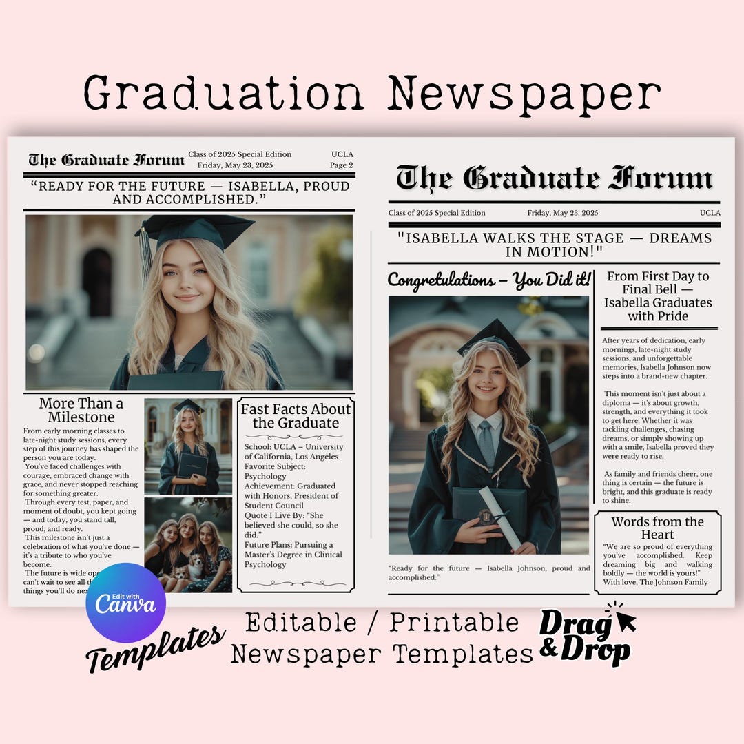 Graduation Newspaper Canva Template, Editable Graduation Gift for Her ...
