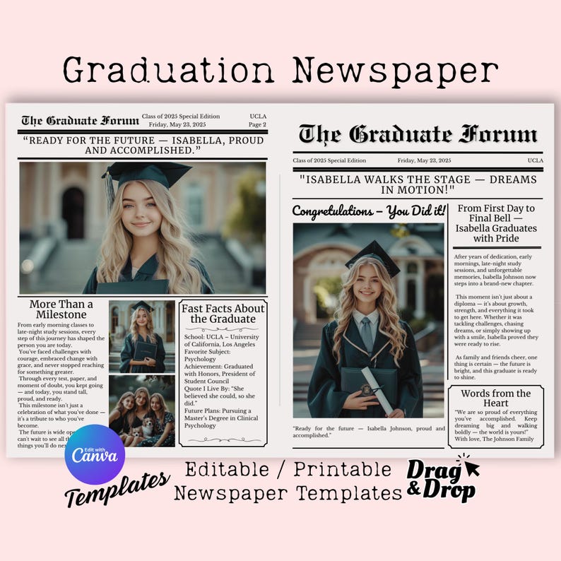 Graduation Newspaper Canva Template, Editable Graduation Gift for Her ...