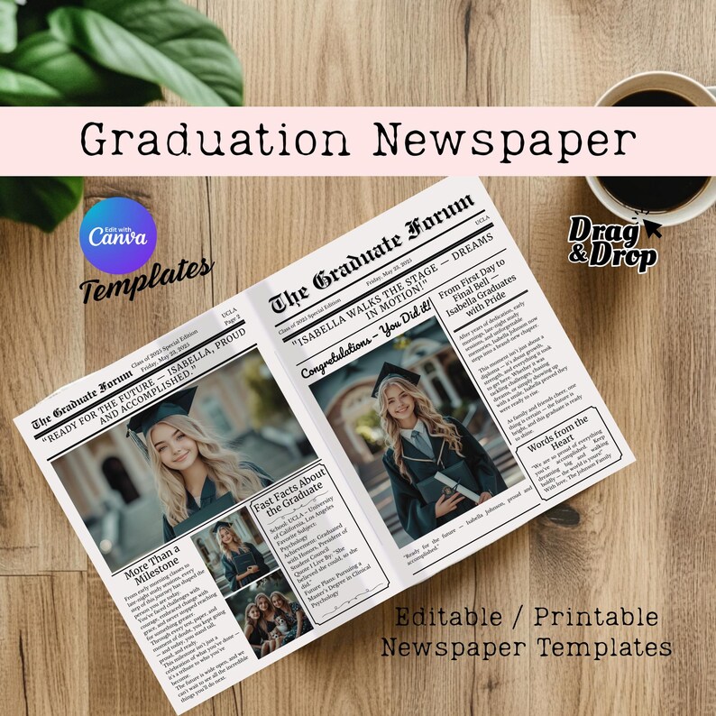 Graduation Newspaper Canva Template, Editable Graduation Gift for Her ...