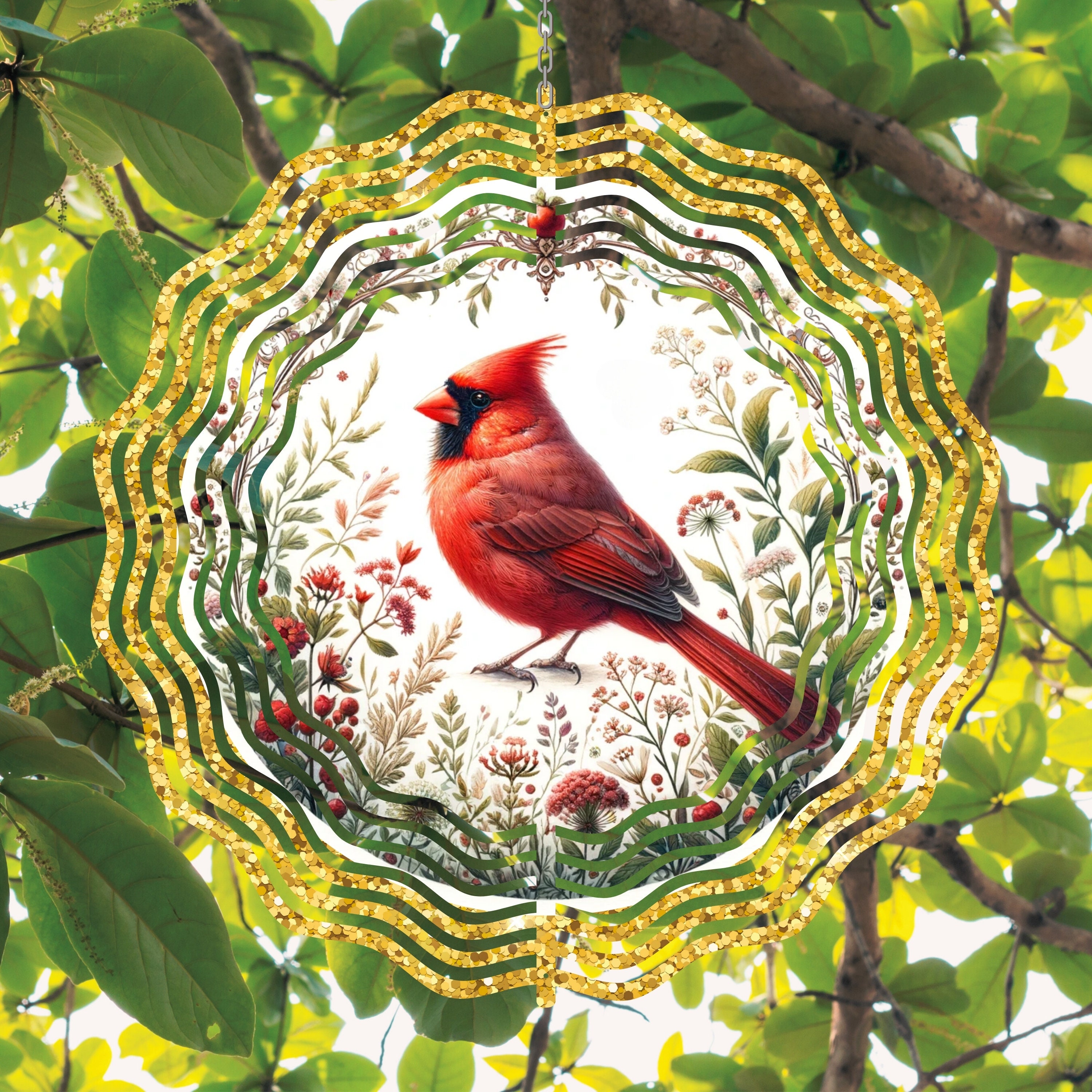 Cardinal Wind Spinner PNG Color Painted Red Cardinal Gold Glitter ...
