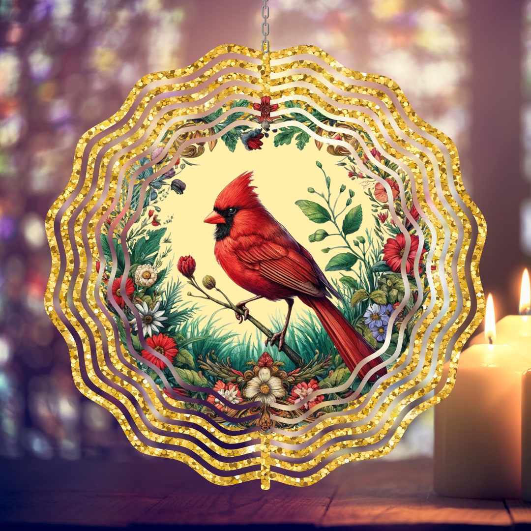 Cardinal Wind Spinner PNG Color Painted Red Cardinal Gold Glitter ...