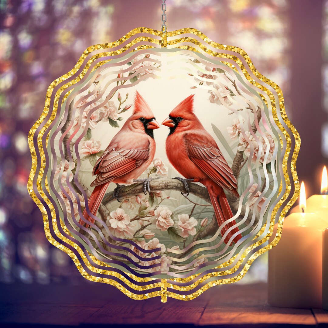 2 Cardinal Wind Spinner PNG Color Painted Red Cardinal Gold Glitter ...