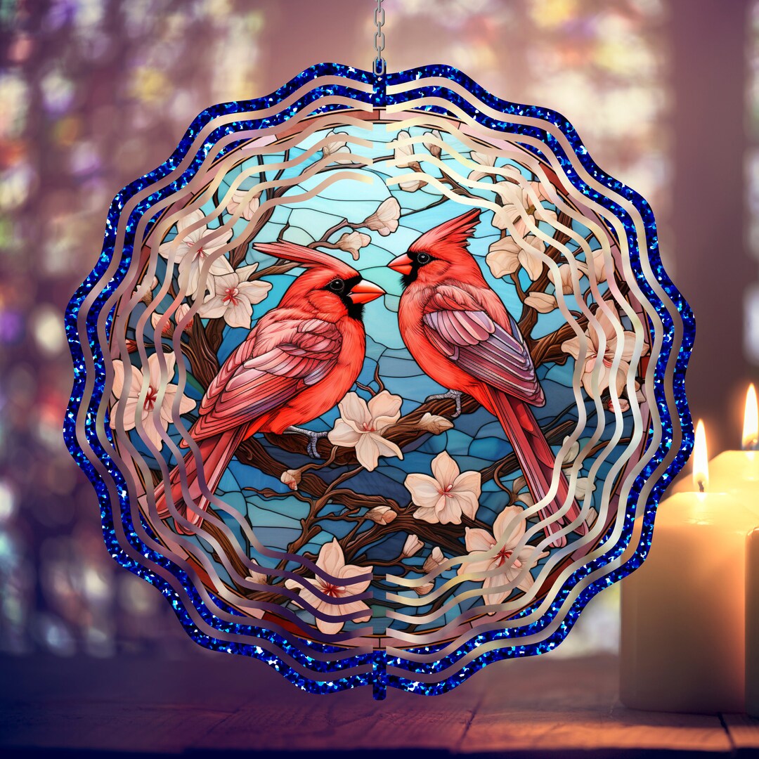 2 Red Bird Cardinal Wind Spinner PNG Stained Glass Cardinal Garden ...