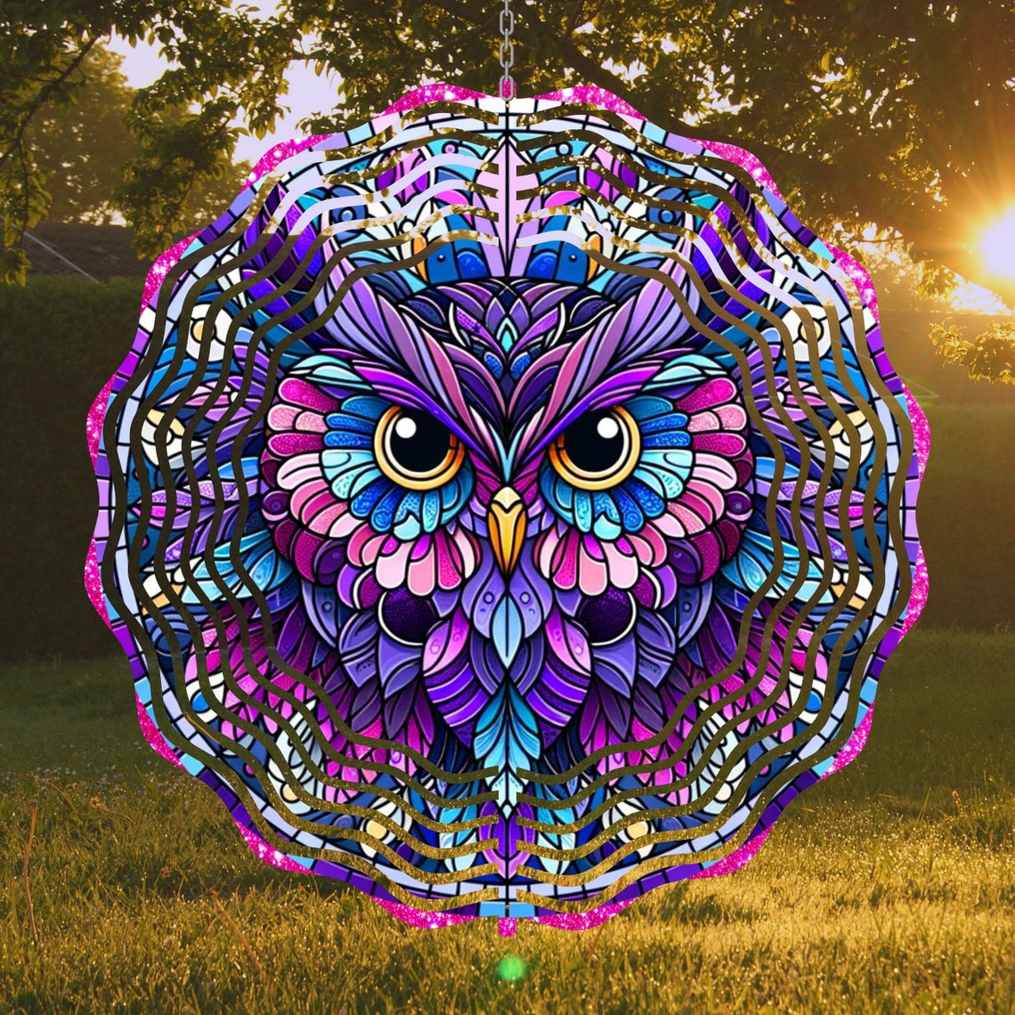 Owl Wind Spinner Stained Glass Owl Design PNG Garden Spinner Yard Decor ...