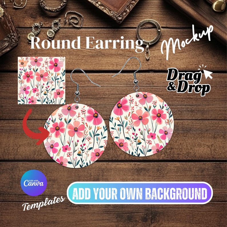 Round Earrings Mockup, Canva Drag & Drop Earrings Template, Sublimation ...