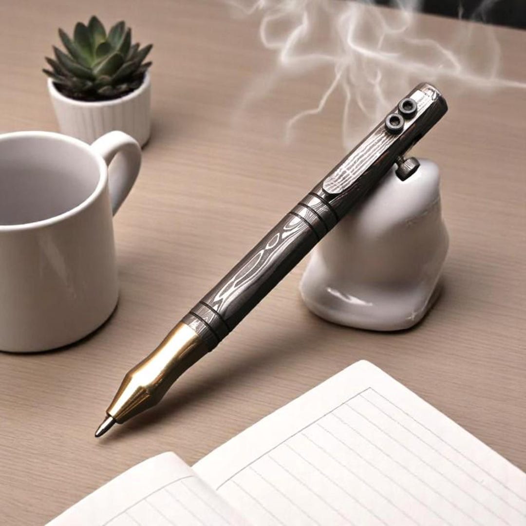 Damascus Steel and Brass Ballpoint Pen With Allen Key Bolt Pocket ...